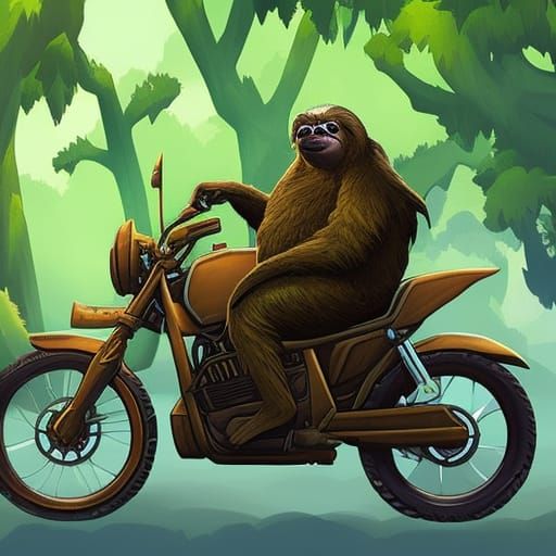 a sloth riding a motorcycle through a forest, league of legends ...