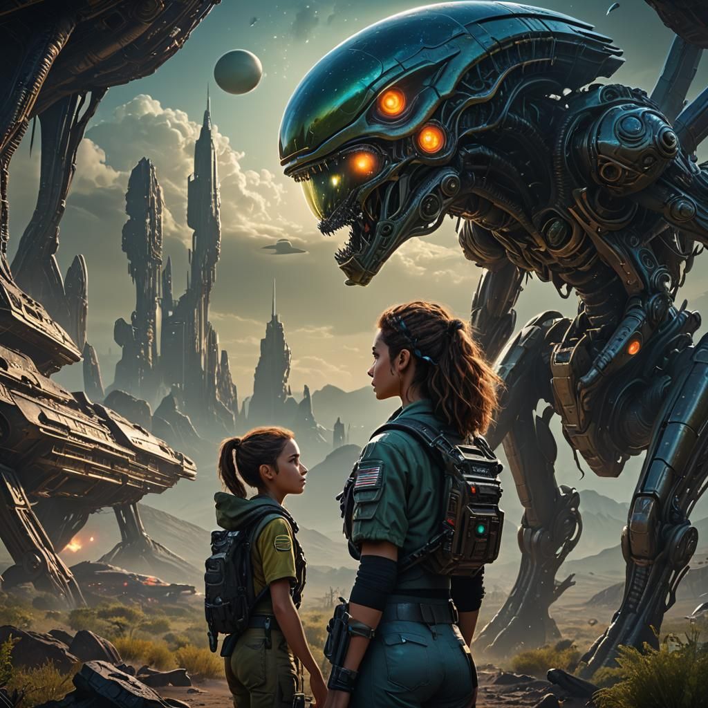 A beautiful girl watching aliens from a distance - AI Generated Artwork ...