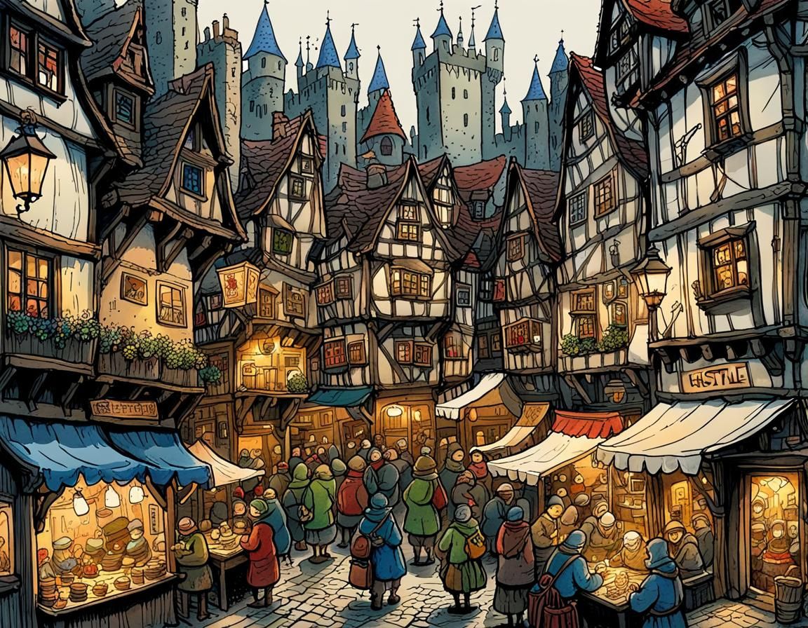 Medieval Night Festival in a Bustling Old Town, Sk... - AI Art