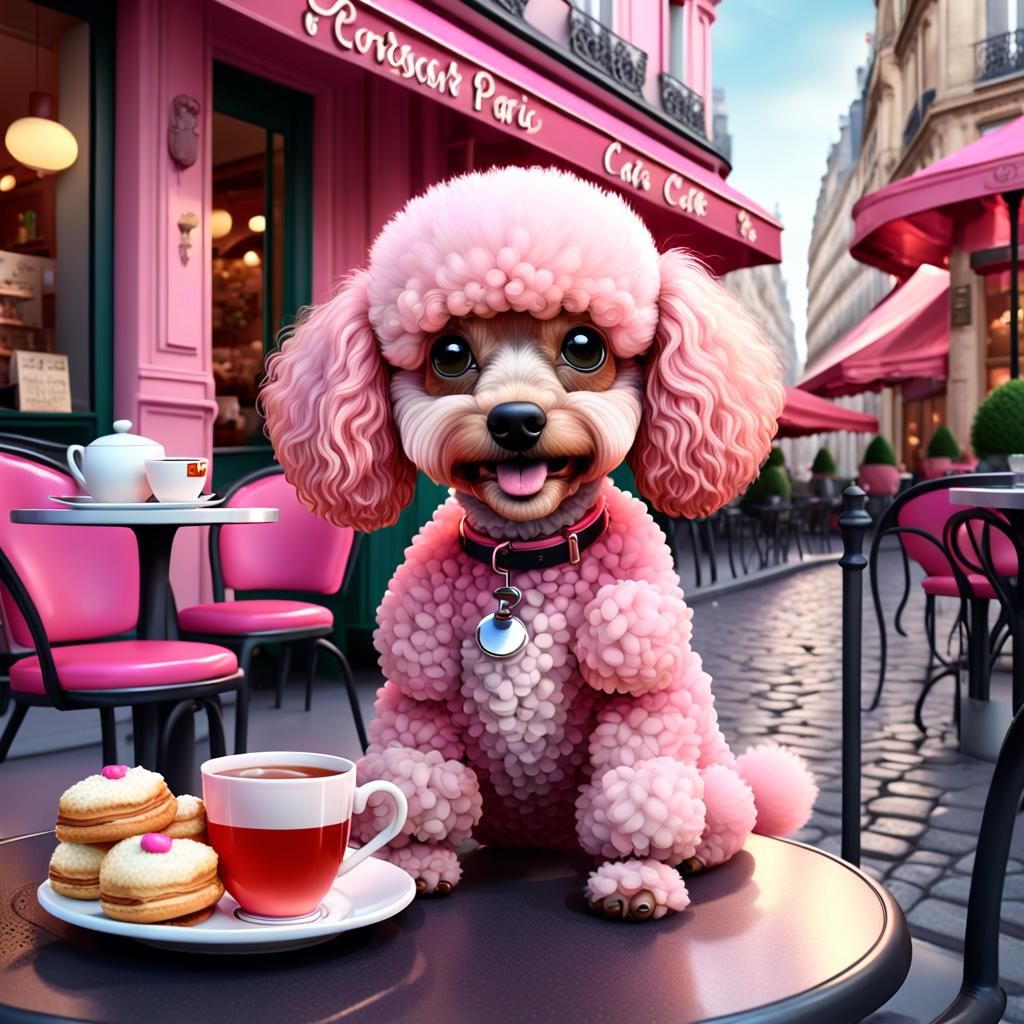 French Poodle sitting outside a Paris Cafe having tea - AI Generated ...