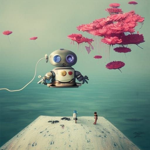 "little cute robot floating over sea and flowers", insanely detailed ...