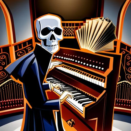 Skeleton dressed as the phantom of the opera playing the organ, spooky ...