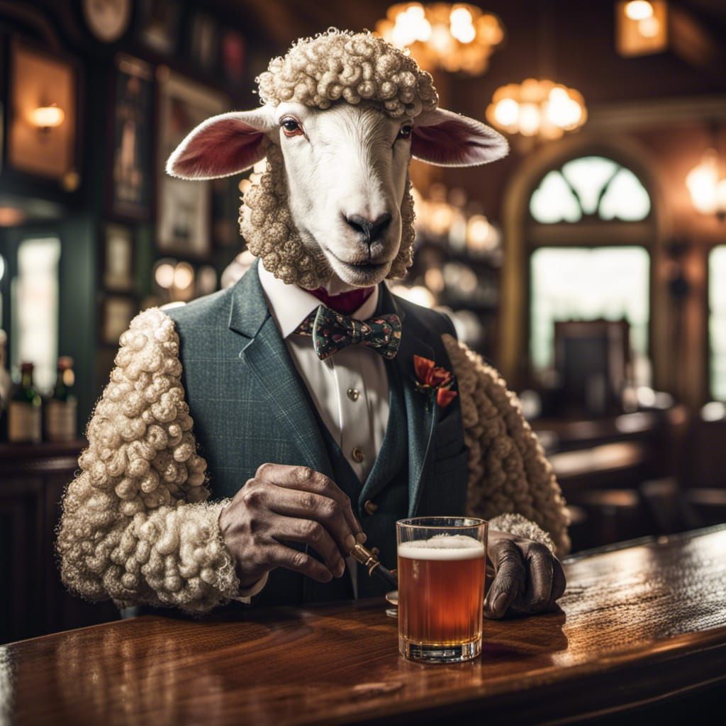 Sheep Bartender wearing an elegant suit, incredibly detailed ...