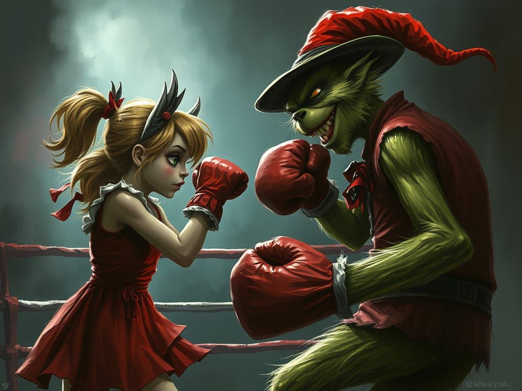 Cindy Lou Who in a boxing match against the Grinch.
