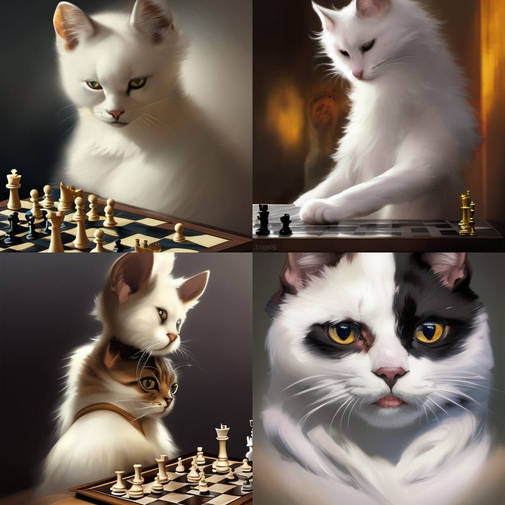 A cute cat with white fur playing chess against human and smiling - AI ...