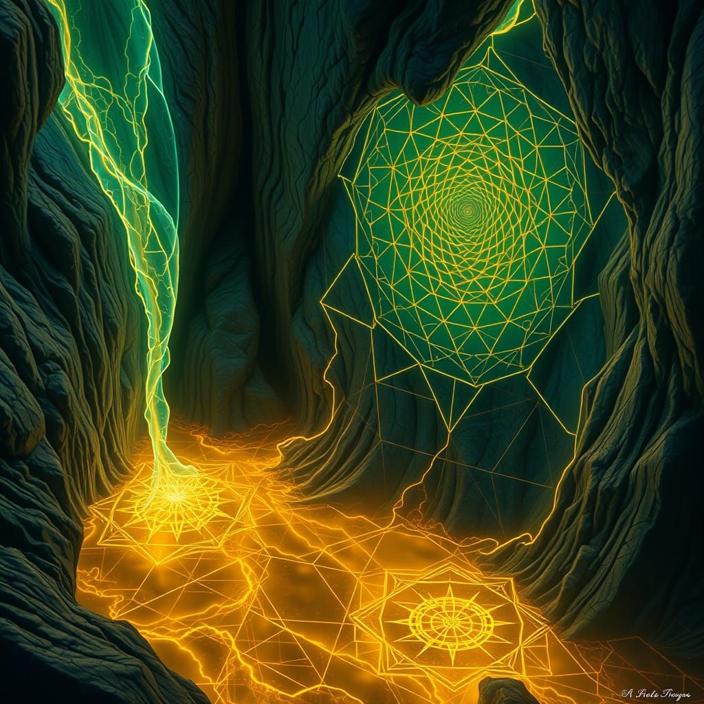 Bioluminescent Mercury Cascade in Surrealist Style - AI Art