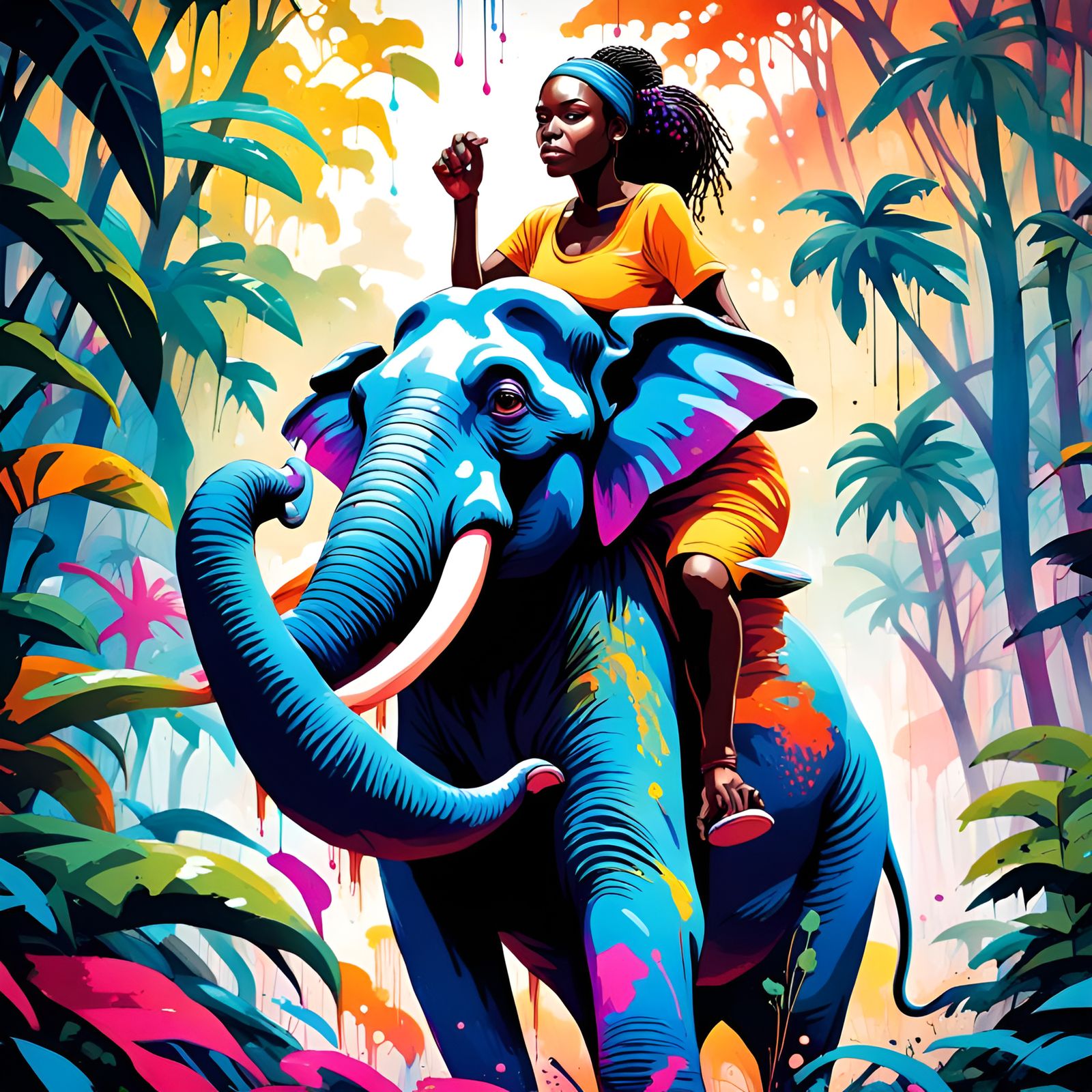 dark skin woman riding elephant through the jungle with monkeys in the ...