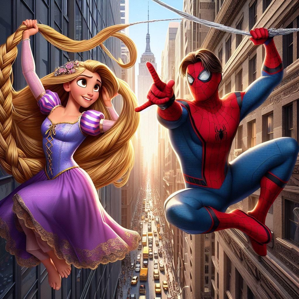 Rapunzel and Spider-Man swingin - AI Generated Artwork - NightCafe Creator