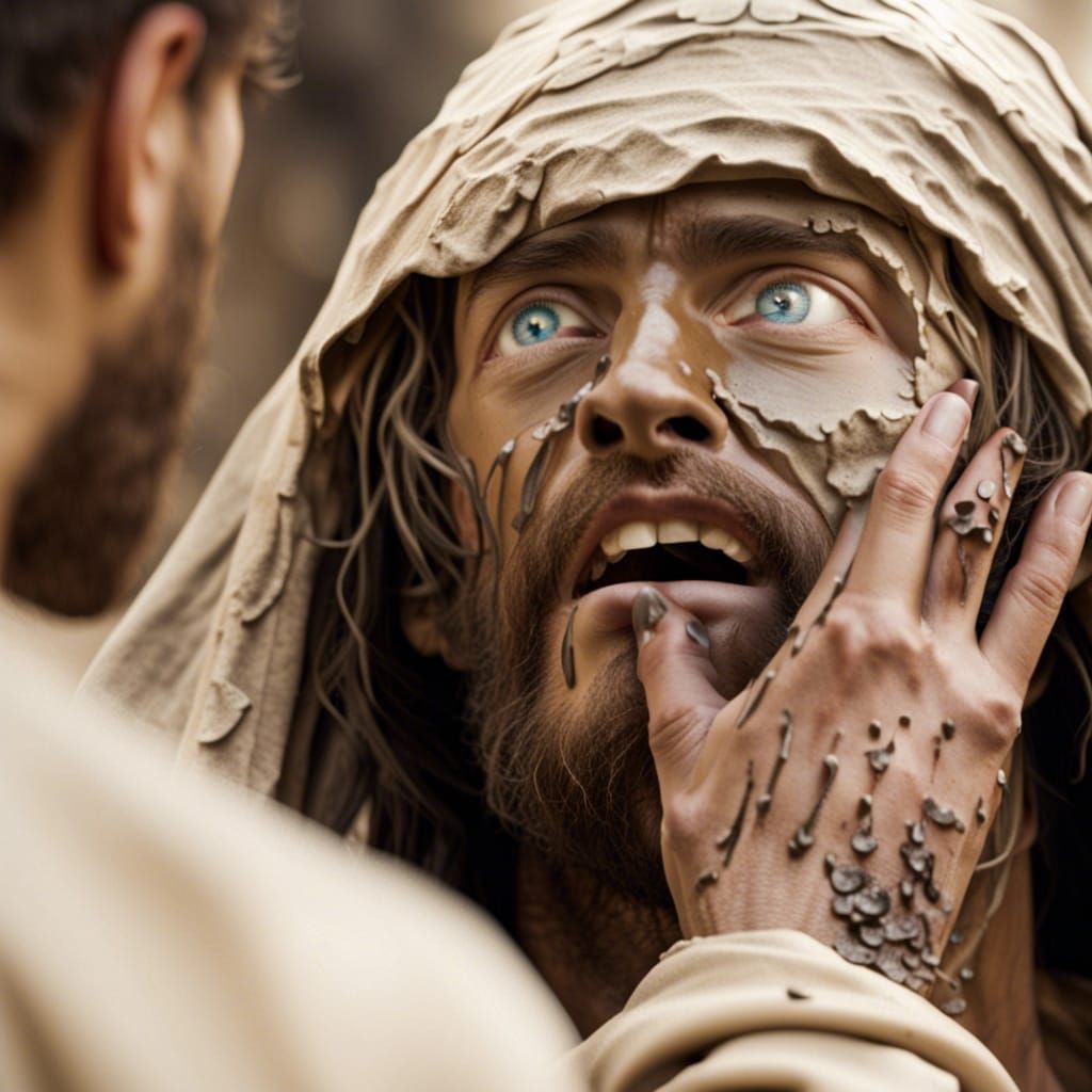 Jesus making eyes from mud for a eyeless man - AI Generated Artwork ...