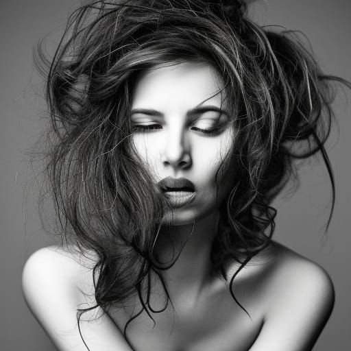 An alluring woman in a provocative pose, her tresses in a state of ...