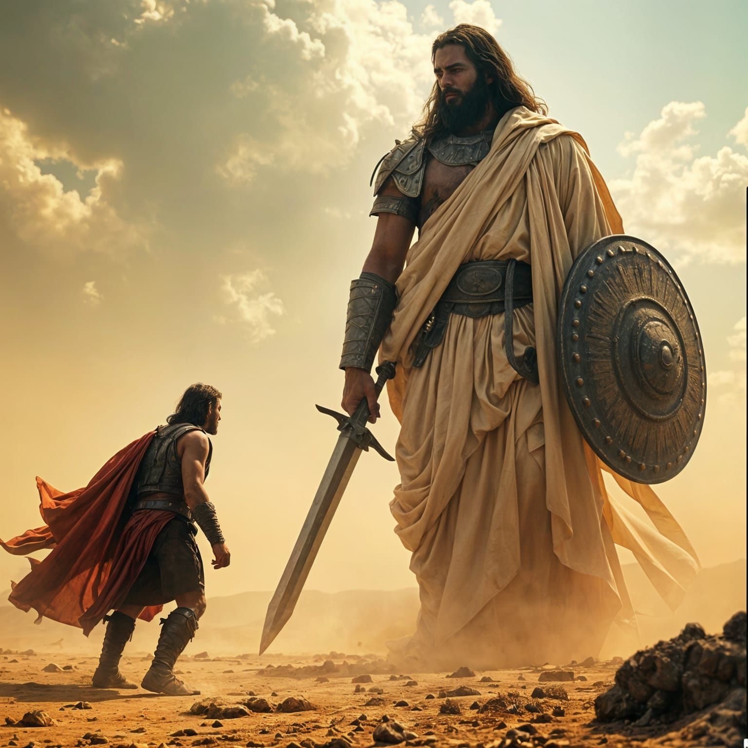 Epic Desert Battle: David and Jesus Defeat Goliath - AI Art