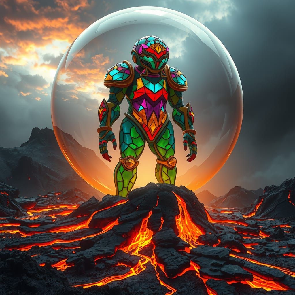 : A stained glass golem rises from a volcanic wasteland, encased in a ...