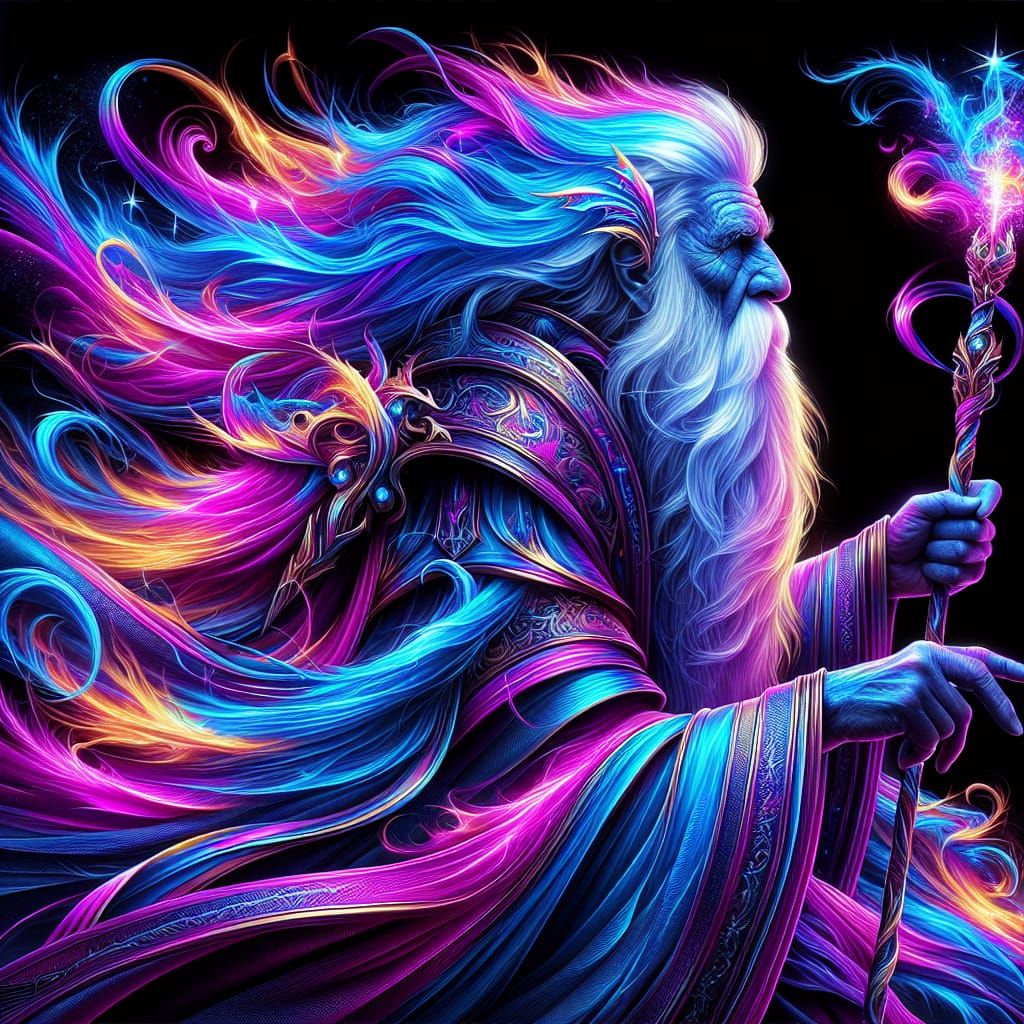 an old wizard Generator with long electric blue, neon pink hair and a ...