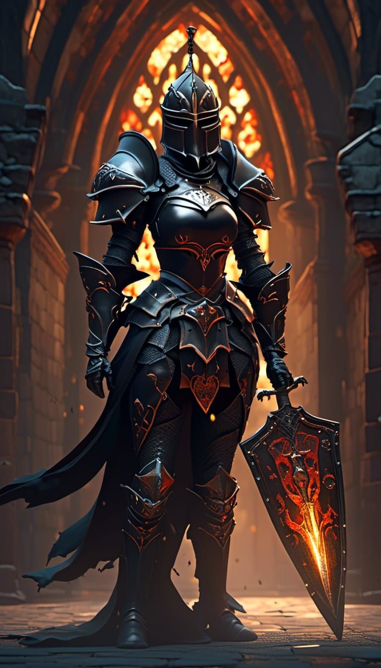 female black knight with armor, a unique long sword and demonic shield. a masterpiece, 8k ...