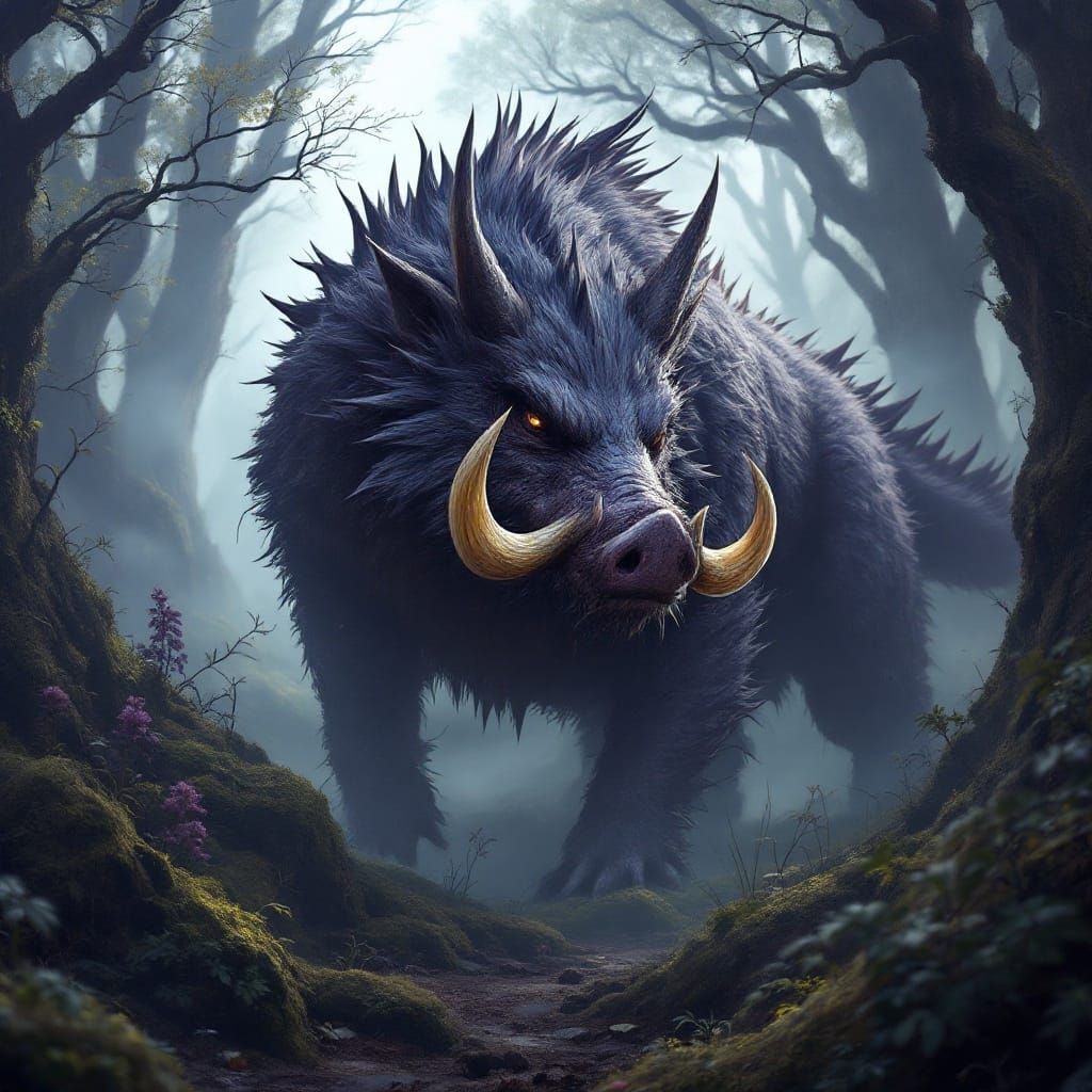 Mystical Boar Dragon Emerges from the Shadows in D... - AI Art