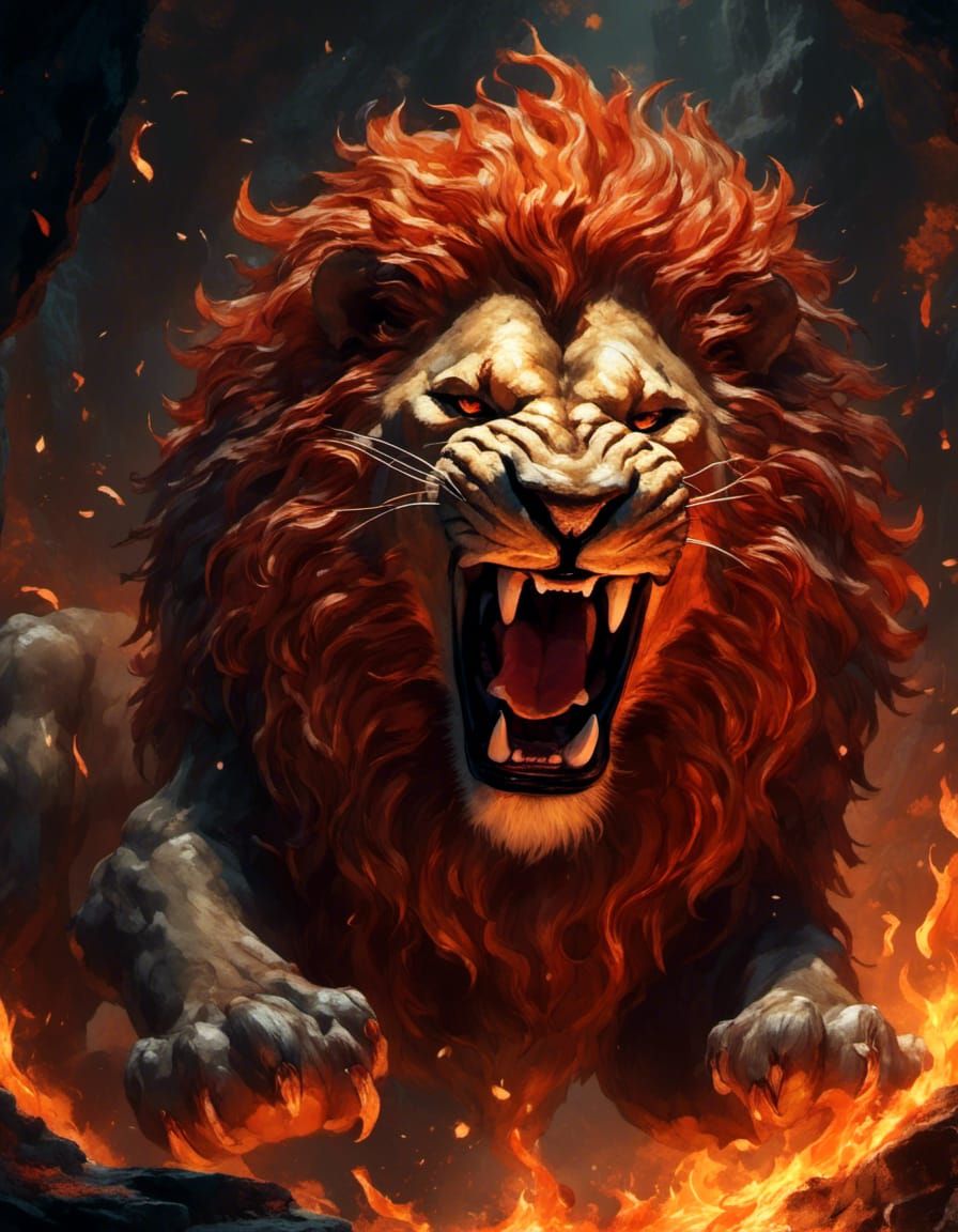 an epic fire god lion with burning fur mane roaring with mouth open ...