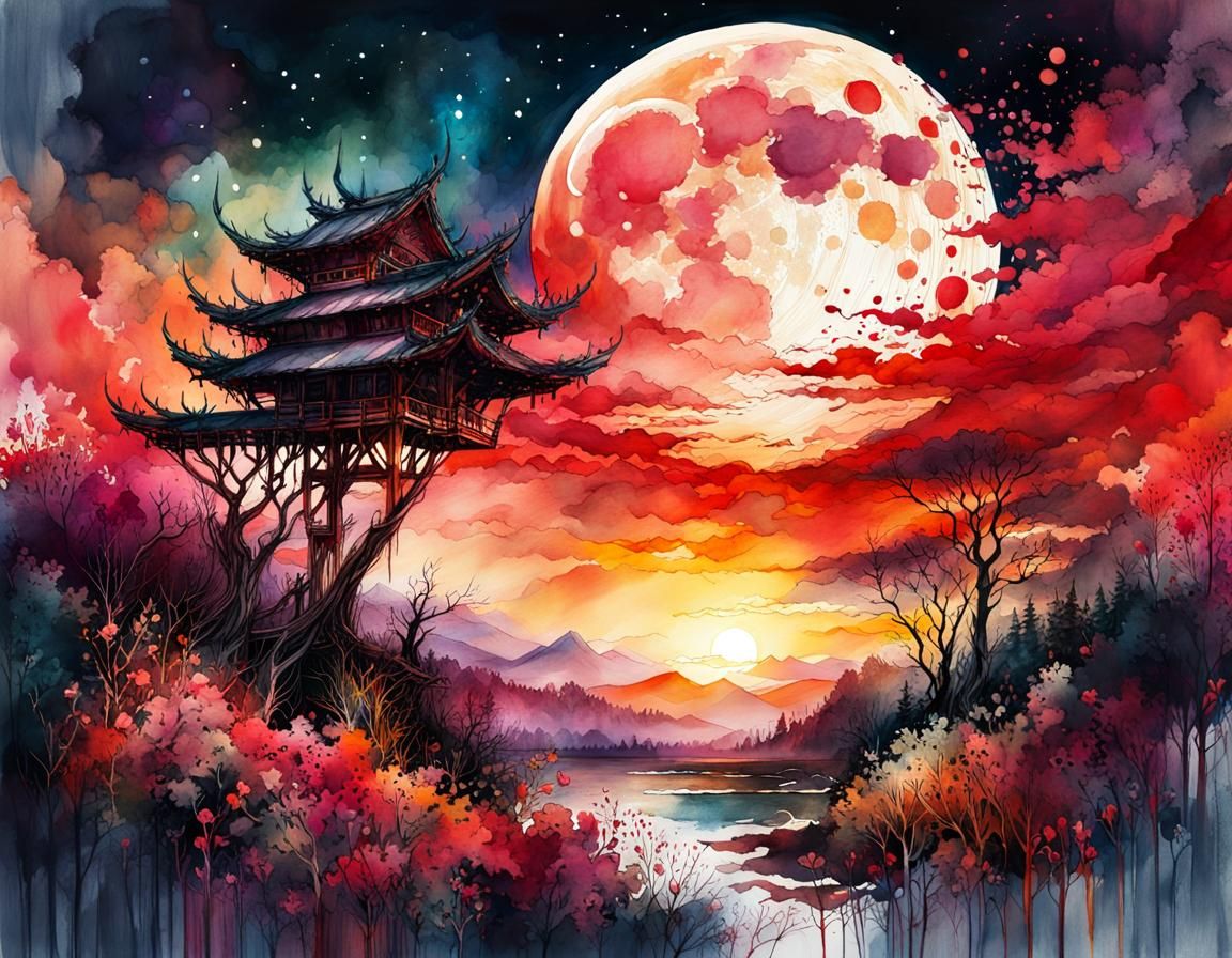 "bloodmoon Digital watercolor Illustration of a summerscape sunset, by ...