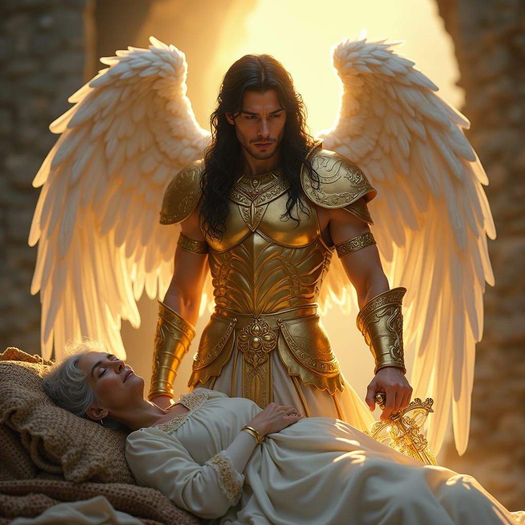 Michael guarding sleep - Regal Angel Guards Slumbering Elder...