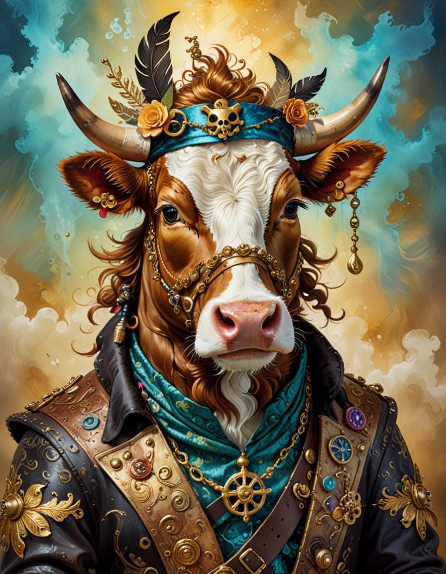 pirate - Surrealist Pirate Cow with Curlers in Alcohol Ink P...