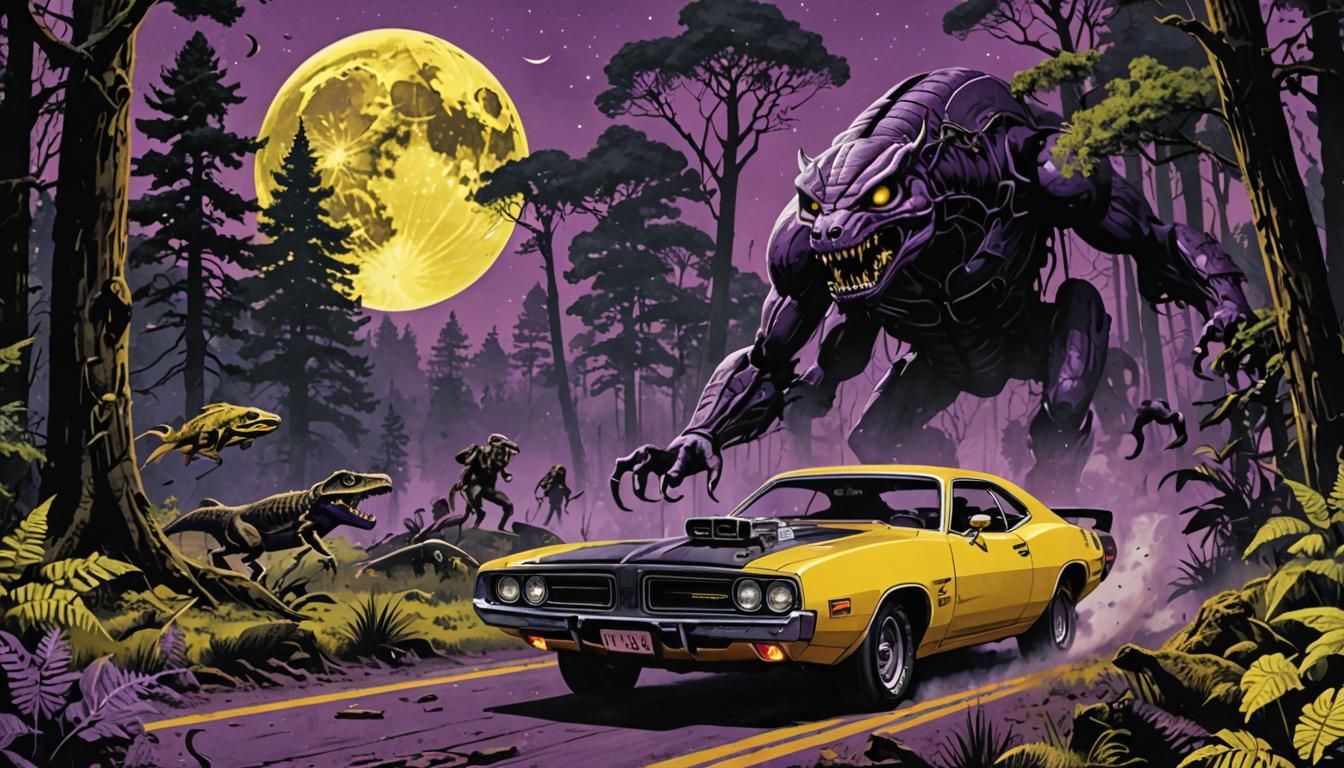 A 1973 yellow Dodge Charger Horror Movie style poster - AI Generated ...