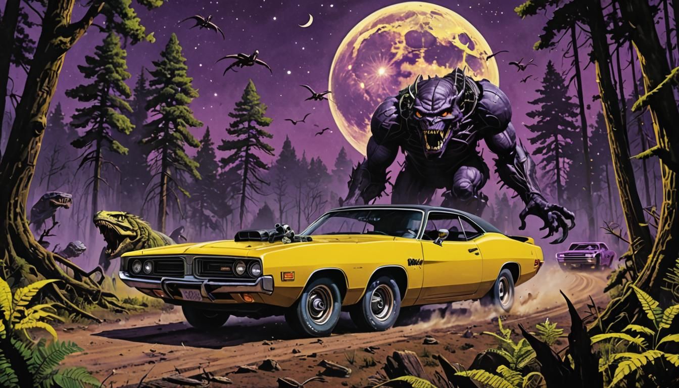 A 1973 yellow Dodge Charger Horror Movie style poster - AI Generated ...