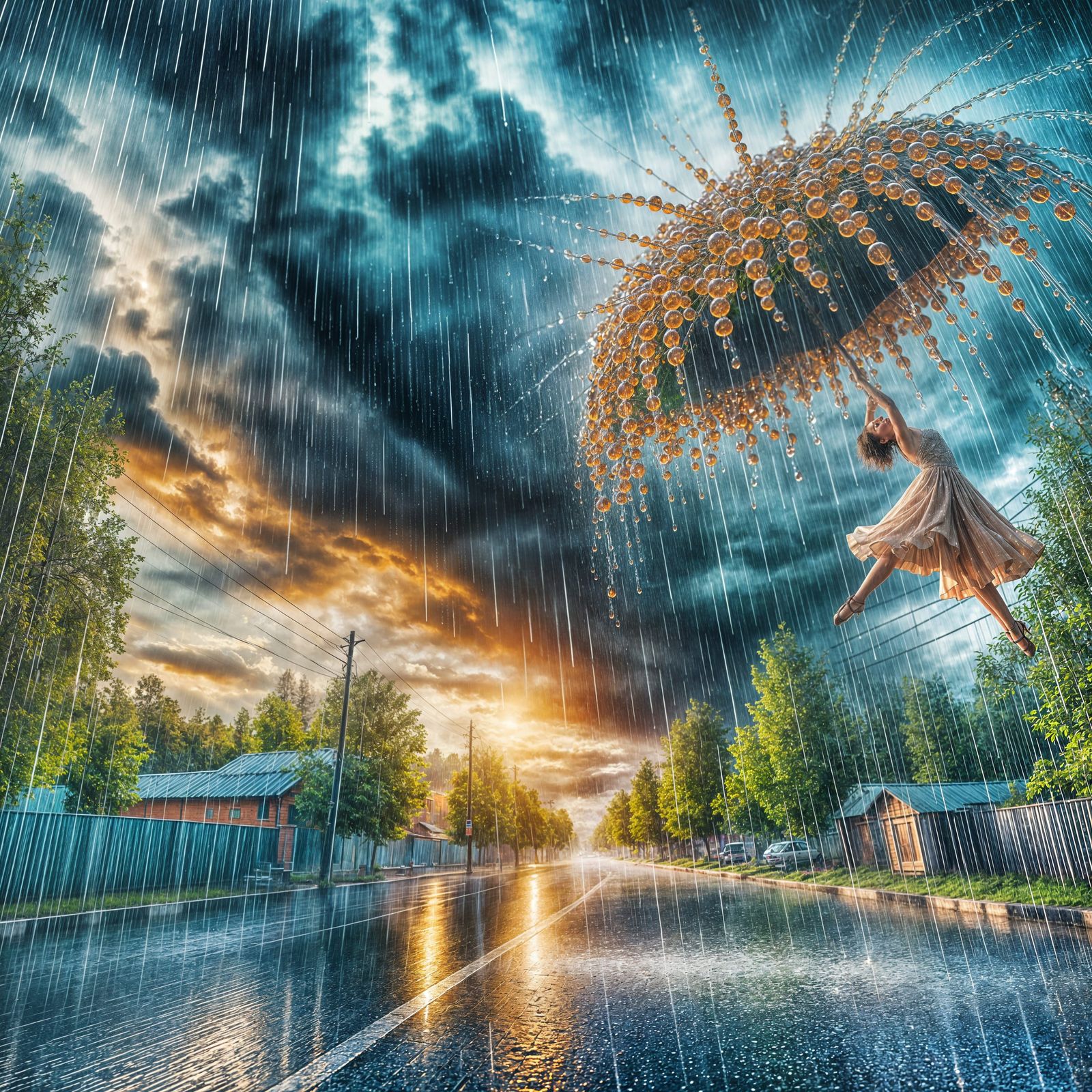 Dancing raindrops during a summer rain fall,