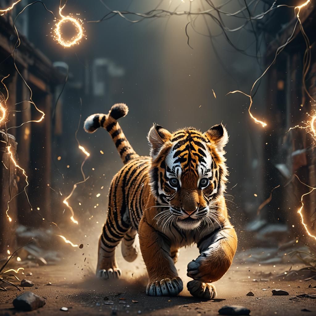 an epic dream magical cute adorable little baby tiger running forward ...