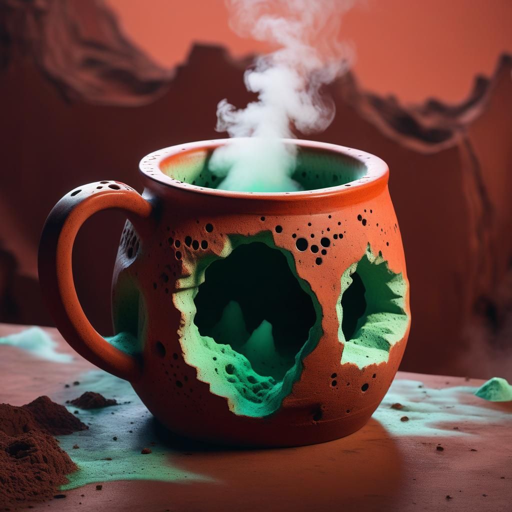 "A crude red clay pottery mug with a jagged hole carved into its front ...