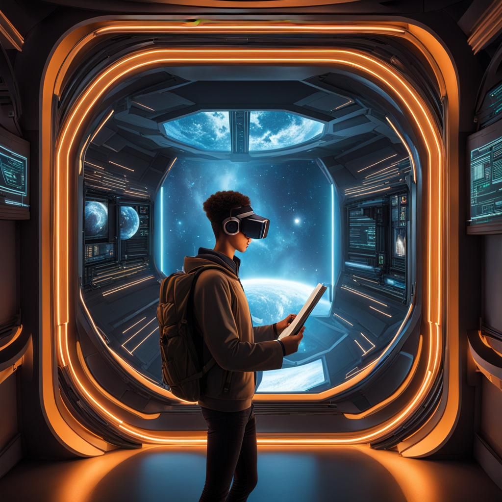 a futuristic student reads a sci-fi novel inside a virtual reality ...