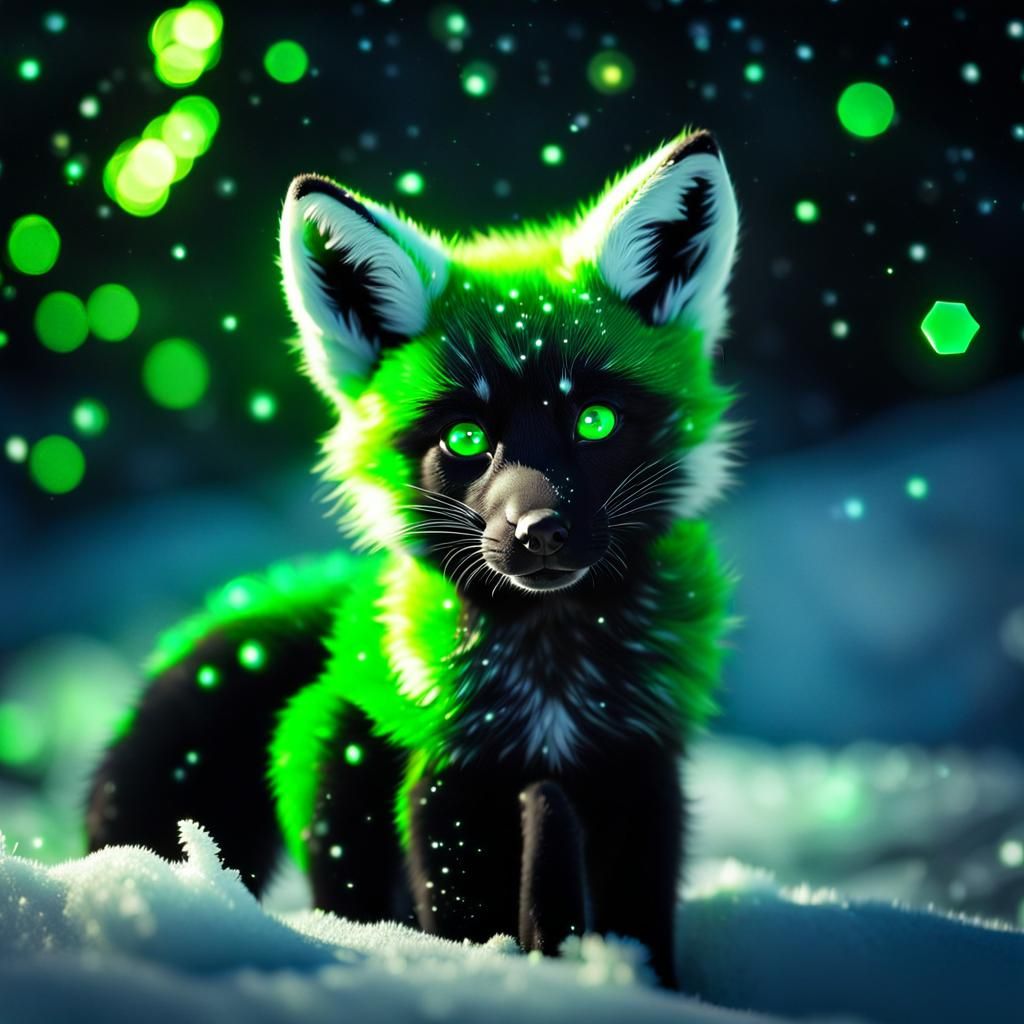 Close-up portrait of an adorable baby black-fox cub with glowing green ...