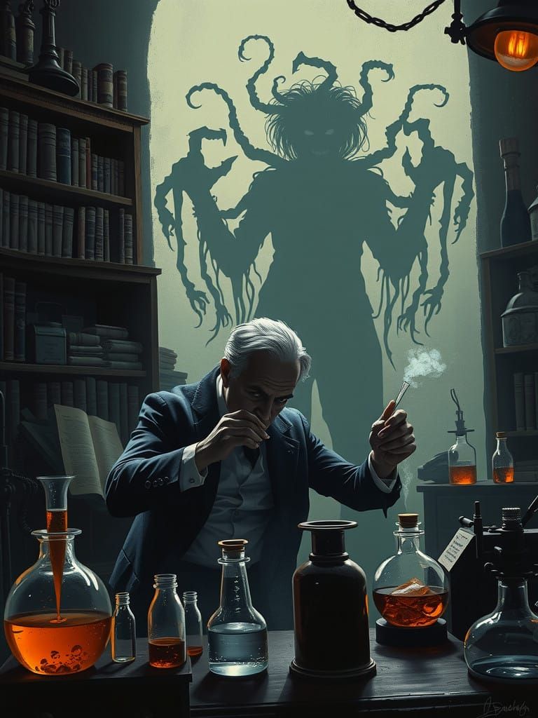 ((illustration style)), Dr.Jekyll working in his laboratory with potions, but his shadow ...