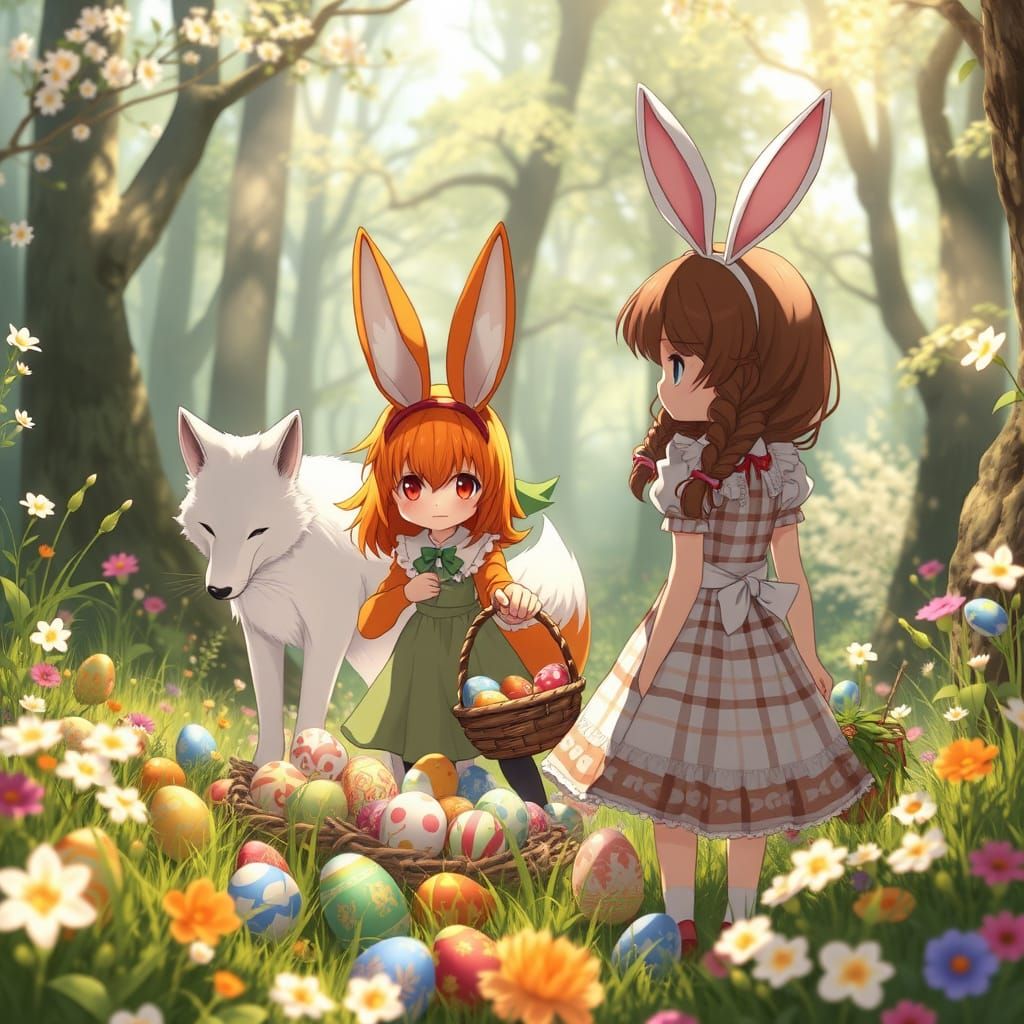 Anime Fox Girl Easter Bunny in Whimsical Forest - AI Art