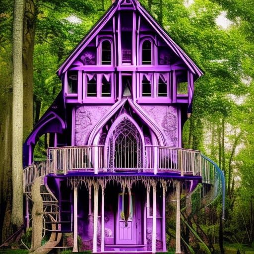 Whimsical purple Gothic treehouse with Gothic windows& rope ladder ...