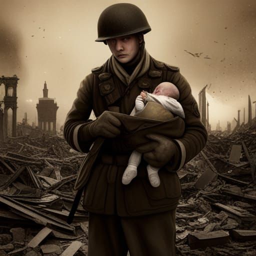 Sad image of a WW1 soldier holding a baby amid the ruins after a series ...
