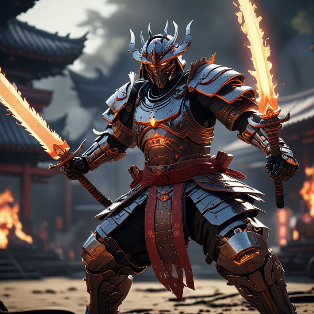 Just for fun - Cyber Samurai Wields Flaming Sword in Futuris...