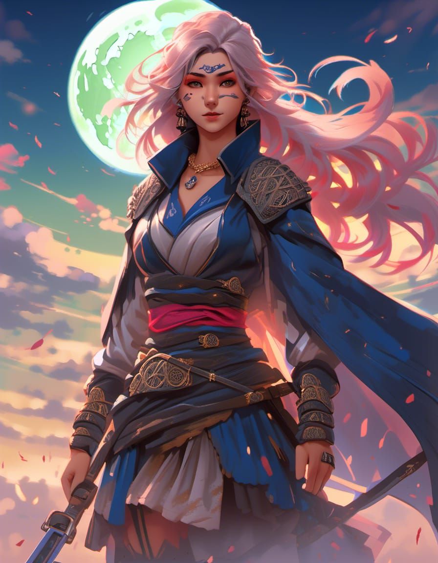 Ninja woman, unmasked, young and really very pretty. Perched on a roof ...