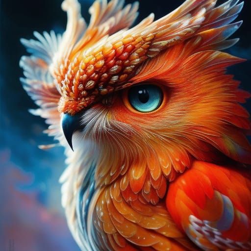 overdetailed portrait of a chibi fluffy red fire owl; Michael Kaluta ...