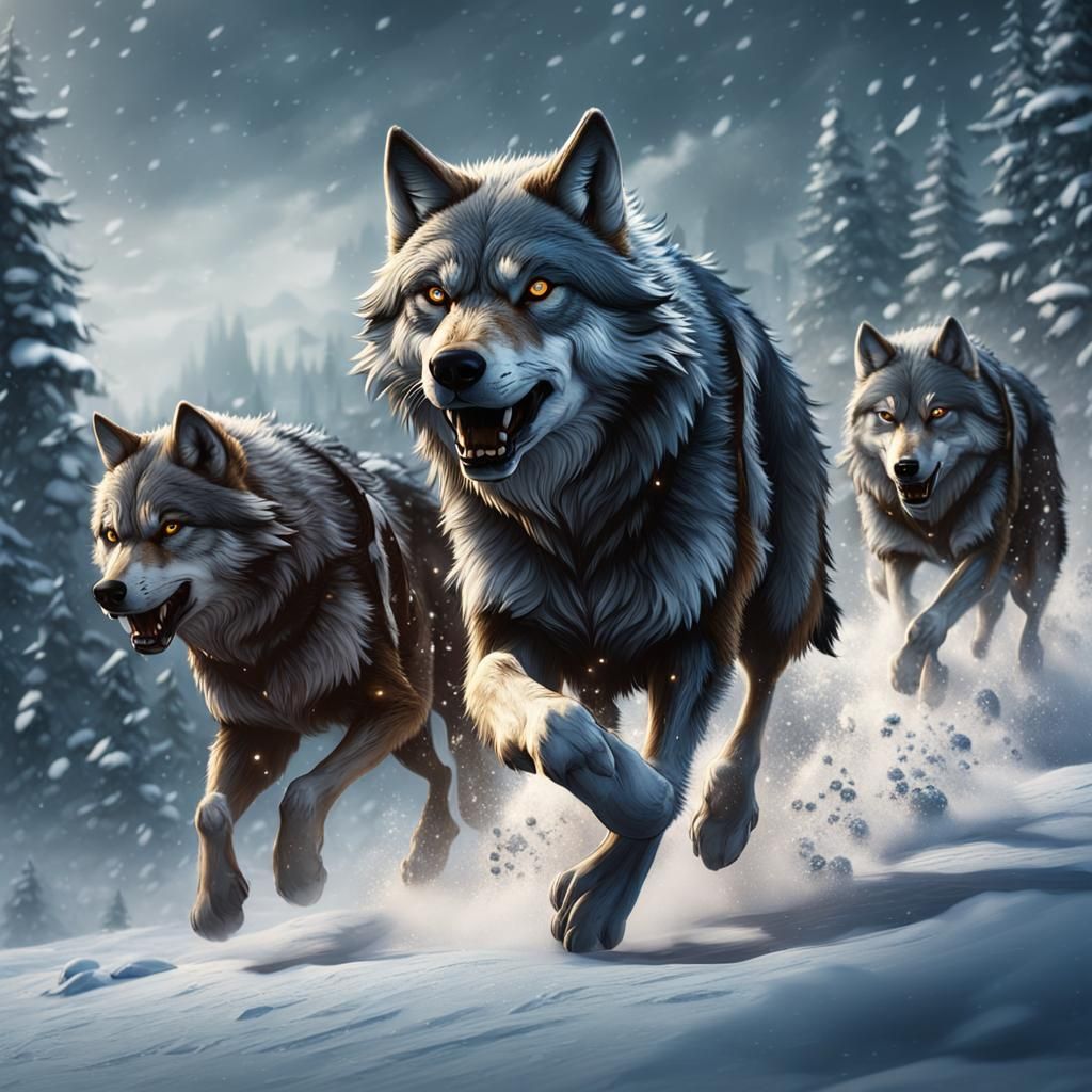 Winter Wolves - Wolves Running Through Snow: Detailed Matte ...