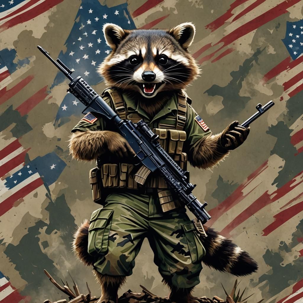 Prompt: "Create an image of a raccoon dressed in Operational Camouflage ...