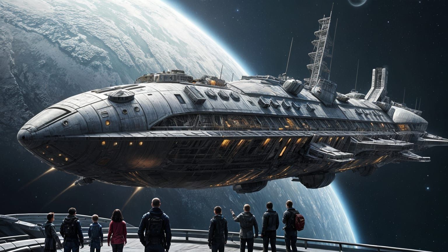 A massive spaceship, loading 100 families, embarks on a 50-year journey ...