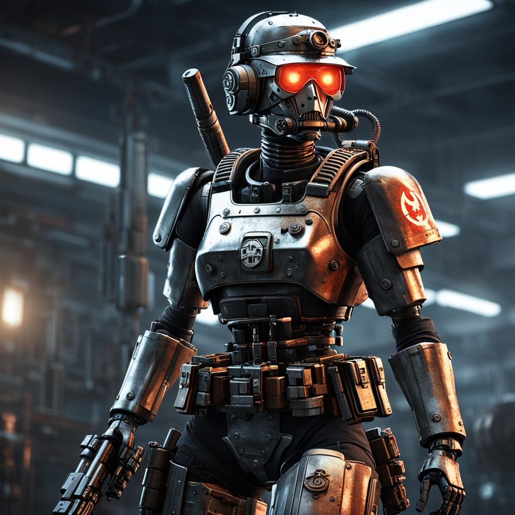 soviet dieselpunk wolfenstein cyborg samurai, action pose, dirty ...