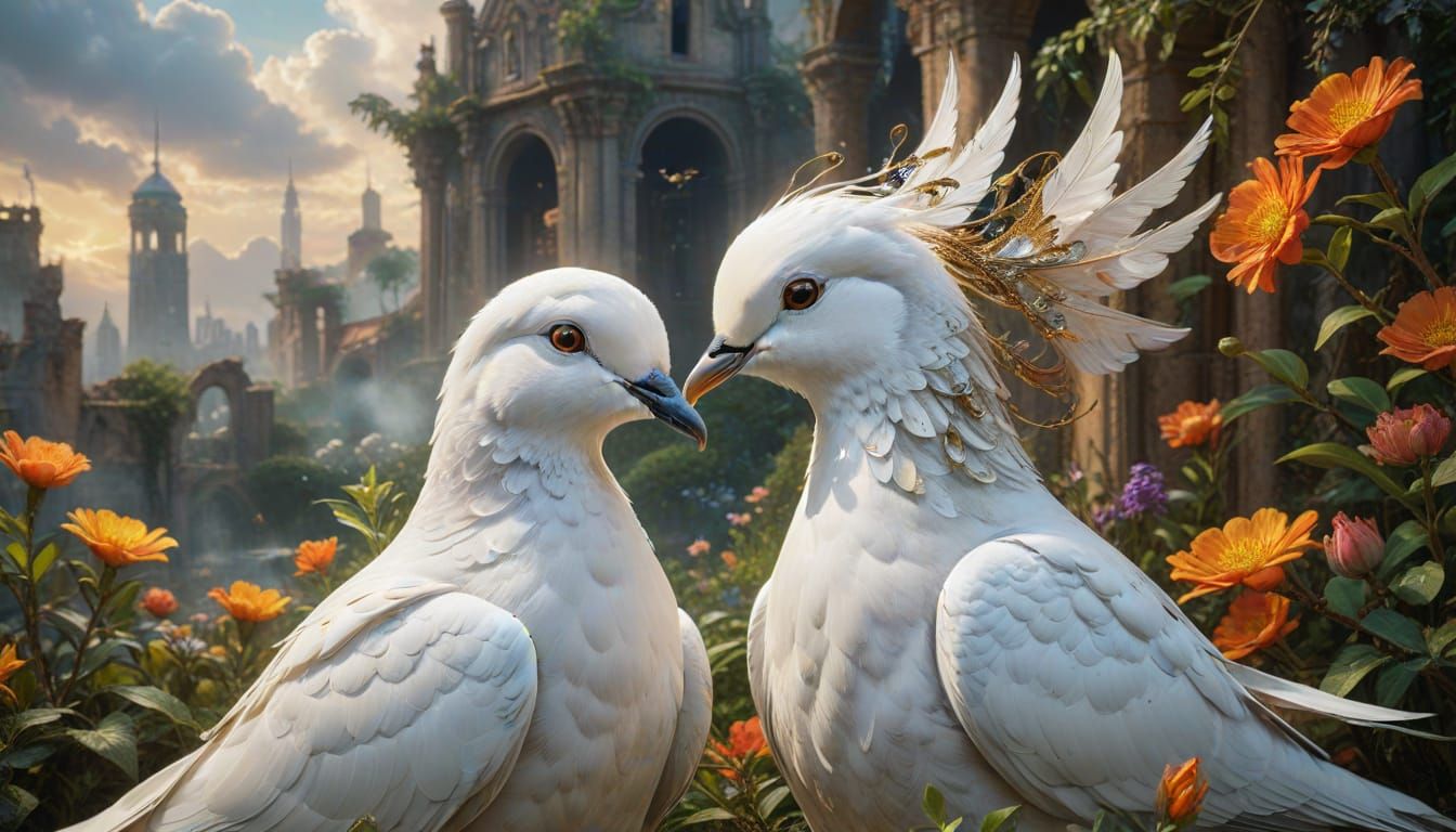 Soft Focus Angelic Dove Couple in Loving Embrace A... - AI Art