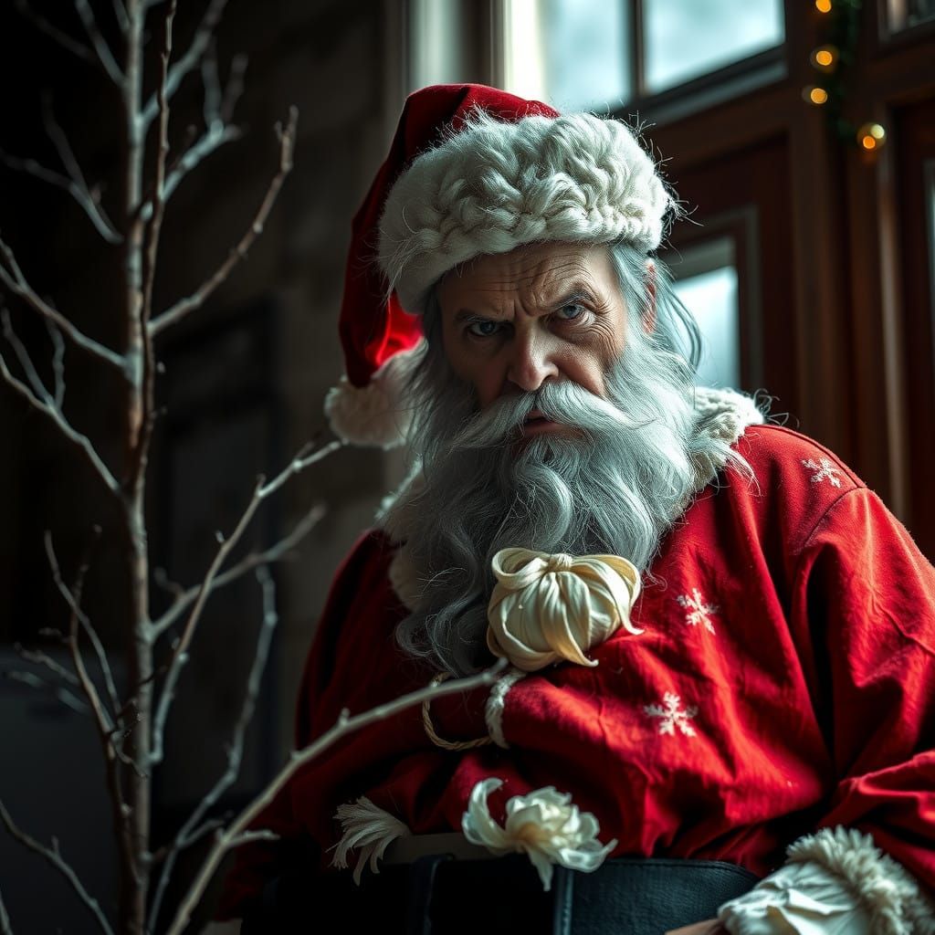 An Evil looking Santa Clause standing by a bare christmas tree