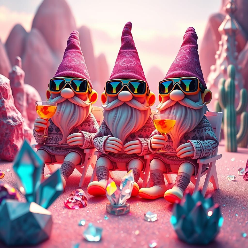 DMT machine gnomes in a gemstone landscape