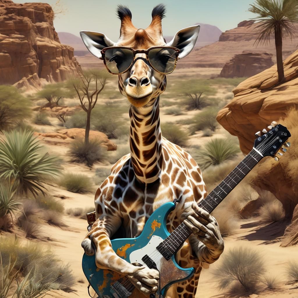 Playing guitar - Giraffe Rocks Electric Guitar in Desert Su...