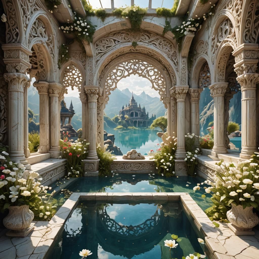 Luxury infinity pool, in a magical ancient elf interior. Windows ...