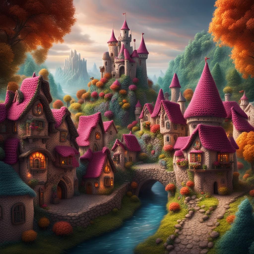 a crocheted village with castle, 8k colorful concept art - AI Generated ...