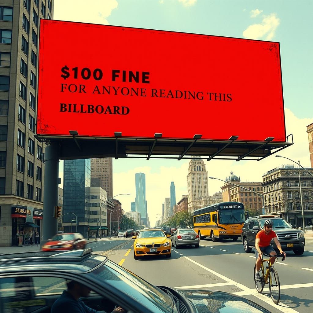 Bold Warning Billboard Towers Over Urban Cityscape - AI Art