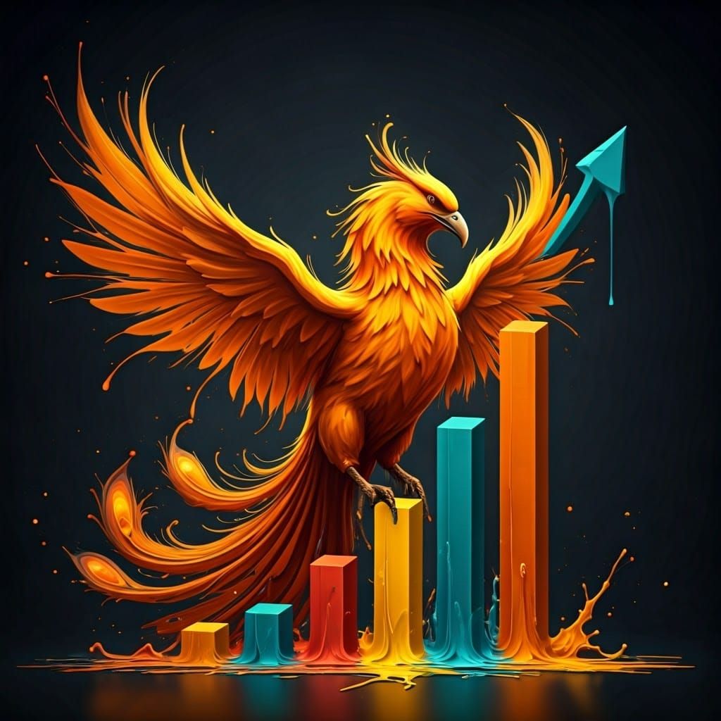 A phoenix rising from a graph of growth, symbolizing resilience and ...