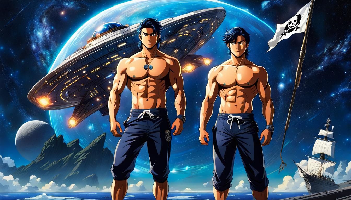 full shot, full body, two intergalactic sailors looking at the camera ...